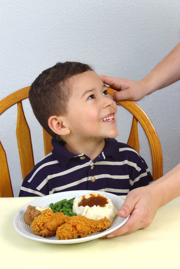 Boy and Fried Chicken Dinner Stock Image - Image of supper, grin: 2513817