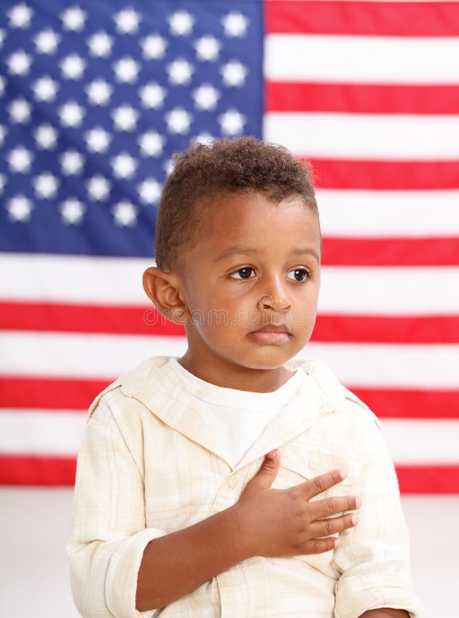 Boy in Front of American Flag with Hand Over Heart Stock Photo - Image ...