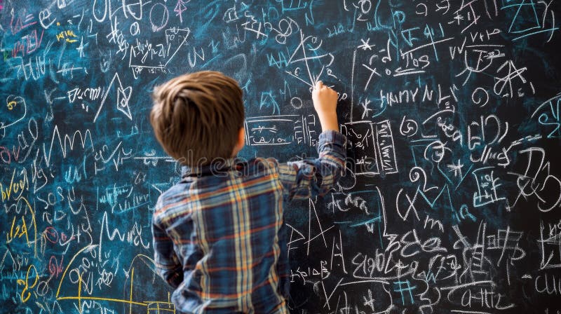 Boy in Front of Math and Physics Chalkboard, Concept of Education ...