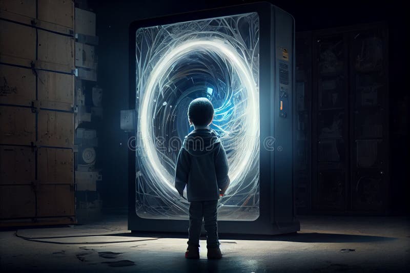Boy in Front of the Teleportation Machine. Light Speed Journey Stock ...