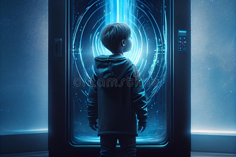 Boy in Front of the Teleportation Machine. Light Speed Journey Stock ...