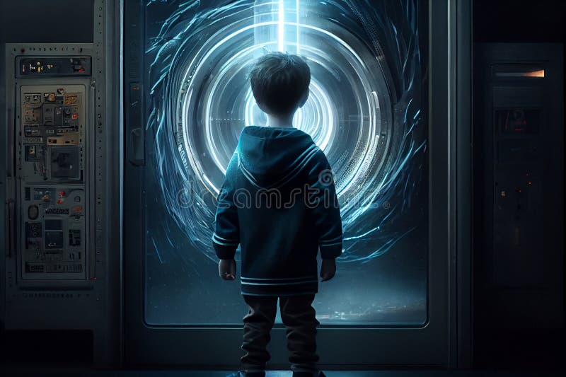 Boy in Front of the Teleportation Machine. Light Speed Journey Stock ...