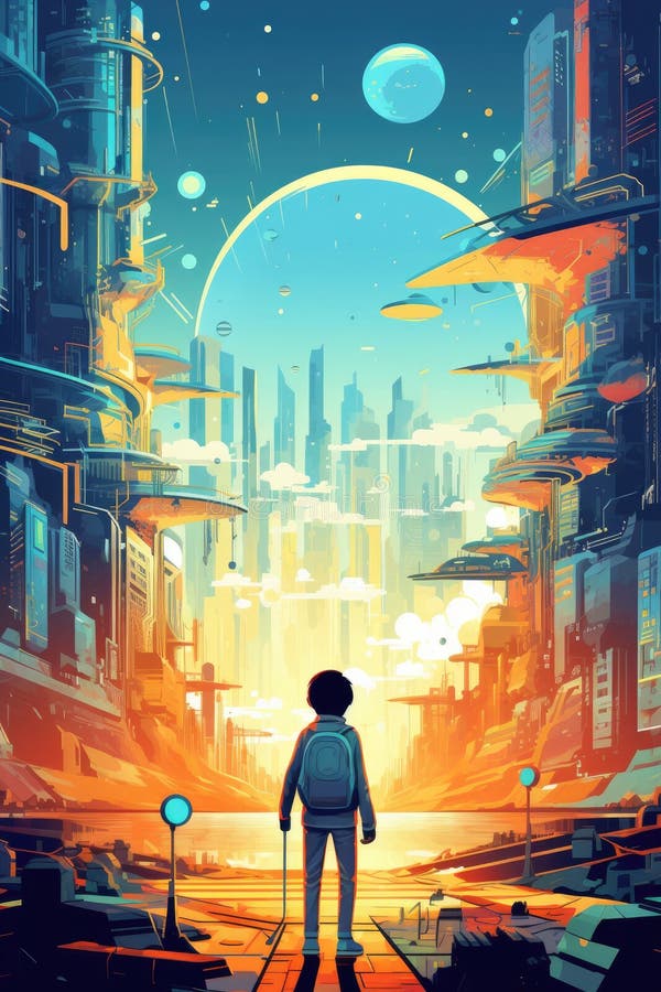 Boy in Futuristic Future City AI Generated Stock Illustration ...
