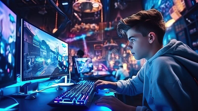 Boy in a Game Club with Video Games and Competitions Stock Illustration ...