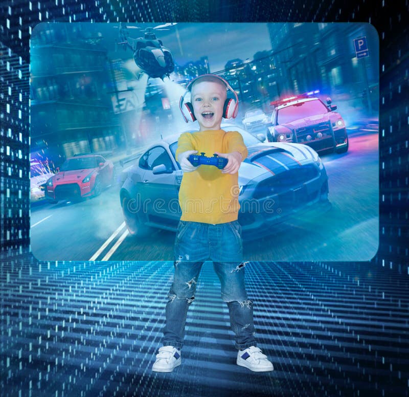 Boy Gamer in Headphones with Joystick Playing Computer Game. Stock ...