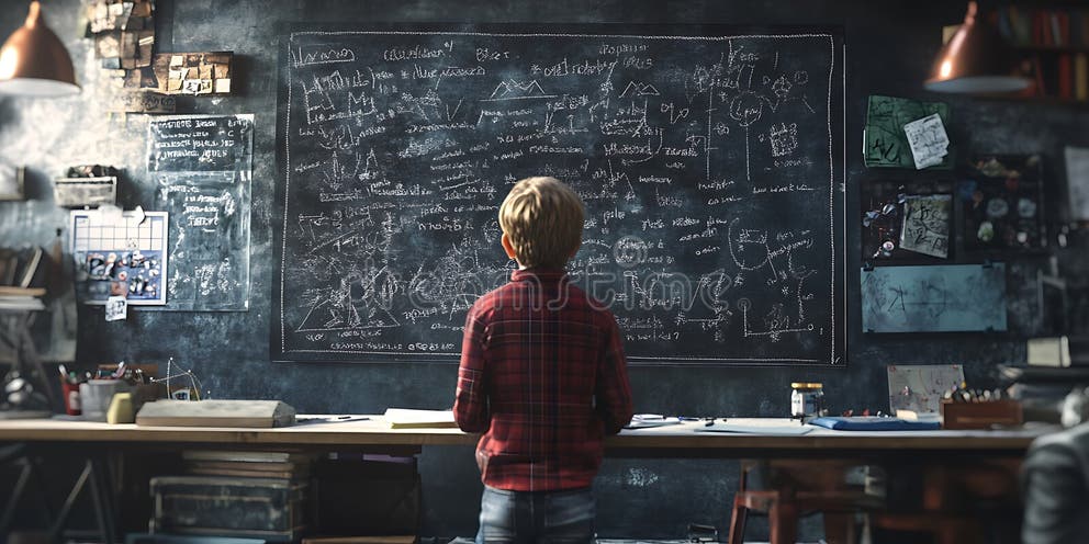 Boy Gazing at Equations Math Genius Background Wallpaper Stock ...