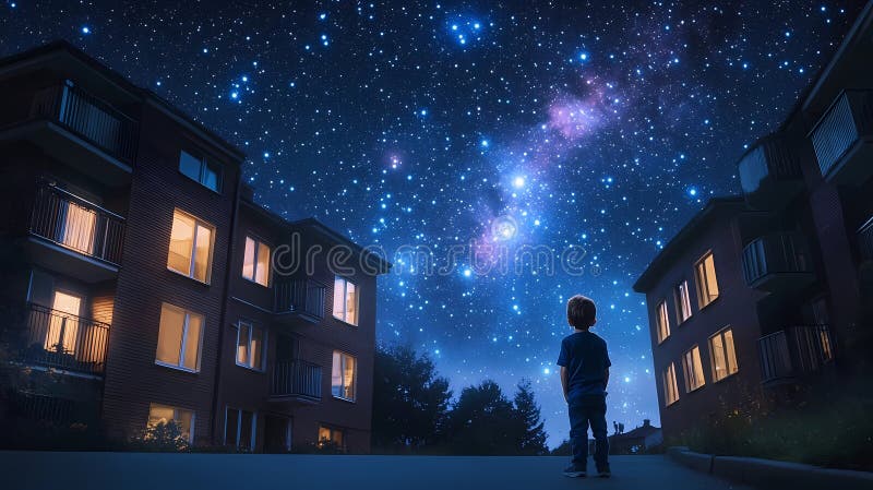 Boy Gazing at Starry Sky with Constellations in Front of Residential ...