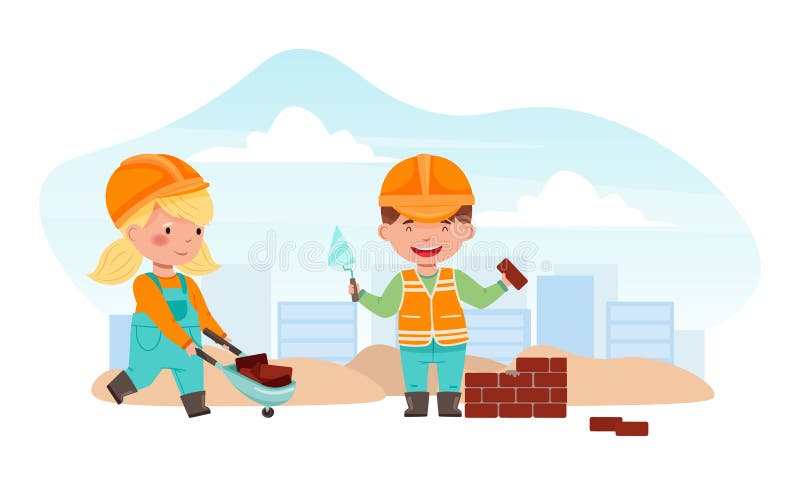 Boy and Girl Builder Character in Helmet and Uniform Vector ...