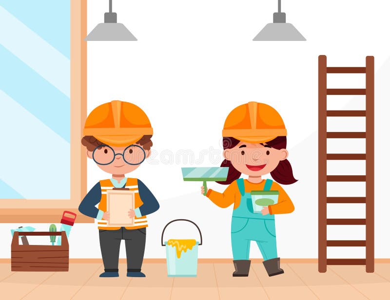 Boy and Girl Builder Character in Helmet and Uniform Vector ...