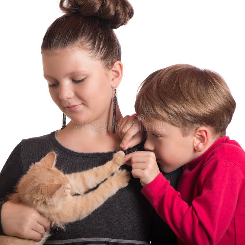 The Boy the Girl Caressed a Cat Stock Photo - Image of cheek, consent ...