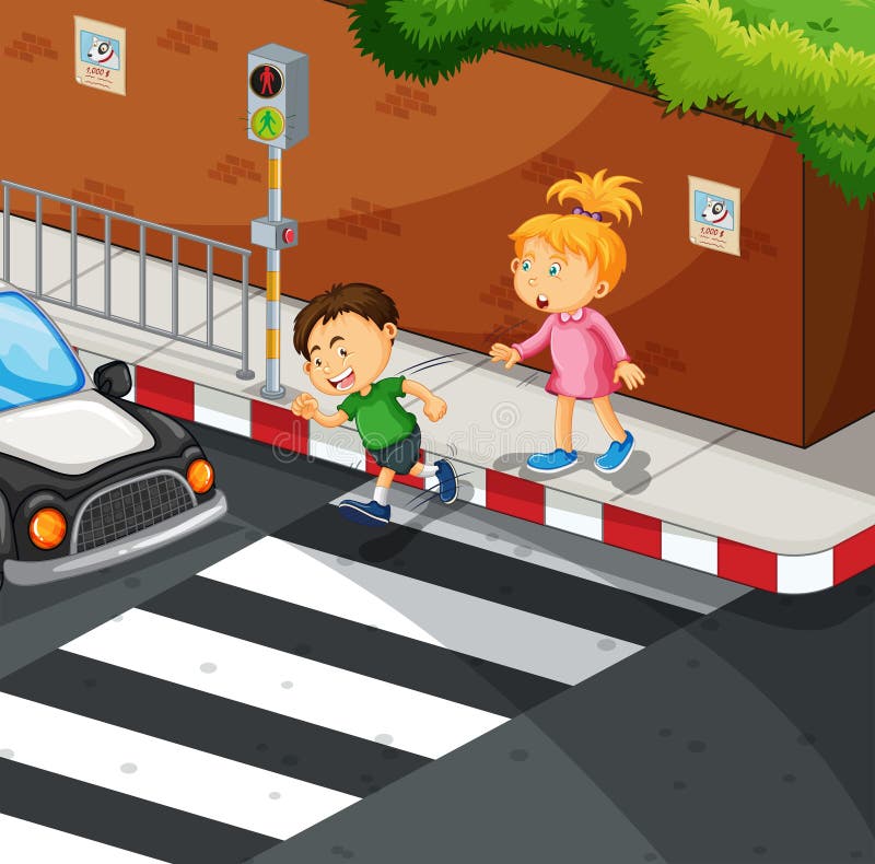 Boy and Girl Crossing the Road Stock Vector - Illustration of traffic ...