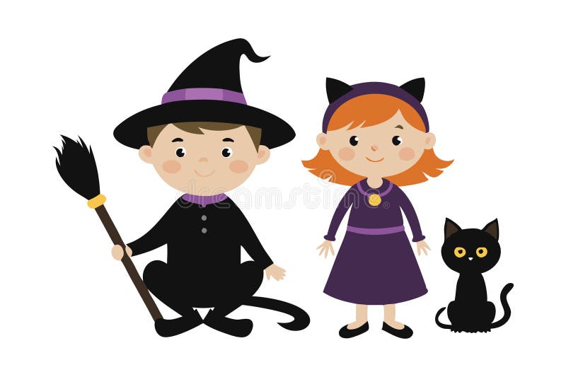 Boy and Girl Dressed As Witch and Wizard Stock Vector - Illustration of ...