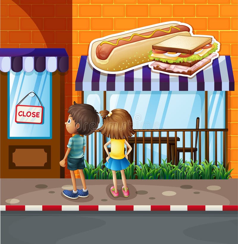 Boy and Girl in Front of Restaurant Stock Vector - Illustration of ...