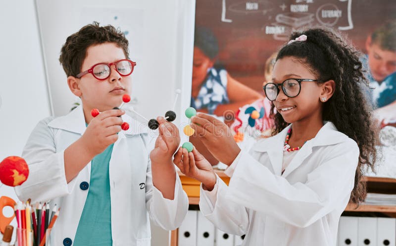 Boy, Girl and Lab Coat with Molecule in Classroom with Thinking ...