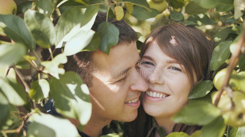A Boy and a Girl in Love in the Branches of an Apple Tree Hugging Each ...