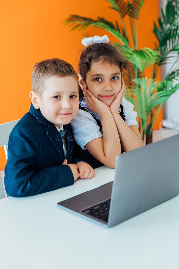 Boy and Girl Learning Watching Laptop Stock Image - Image of internet ...