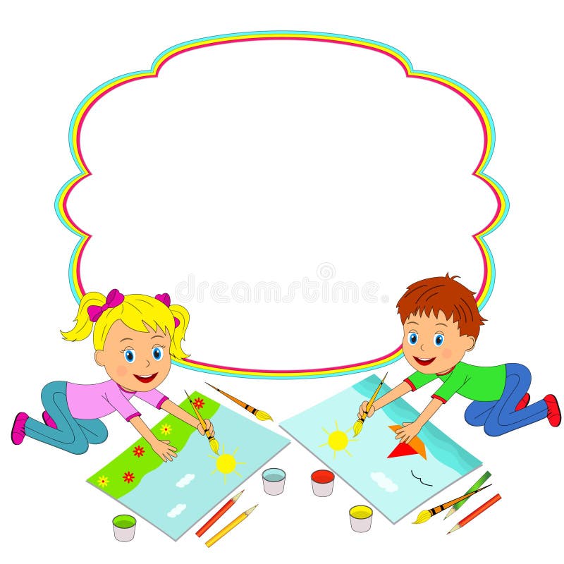 Boy and Girl Painting and Frame Stock Vector - Illustration of draw ...