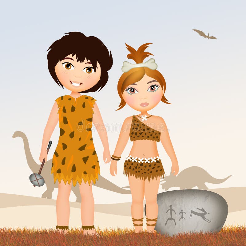 The Boy and Girl with Primitive Man Costume Stock Illustration ...
