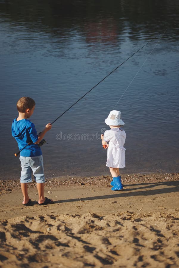 Boy and Girl with Rod on Coast of River Stock Image - Image of kids ...