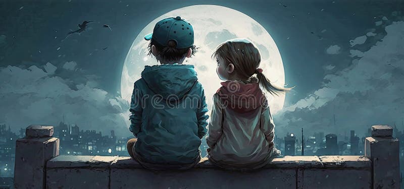 Boy and Girl on a Rooftop in Front of a Full Moon, Generated Ai Image ...