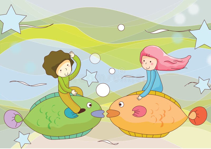 Boy and Girl Sitting on Fish. Vector Illustration Decorative Design ...