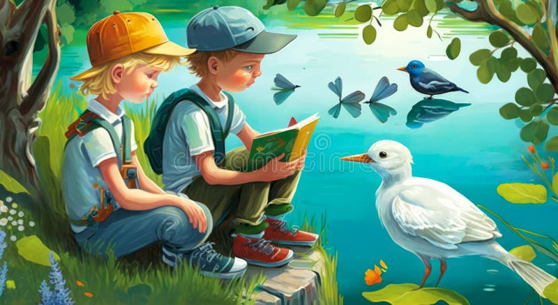 Boy and Girl Sitting on Log Reading Book. Generative AI Stock ...