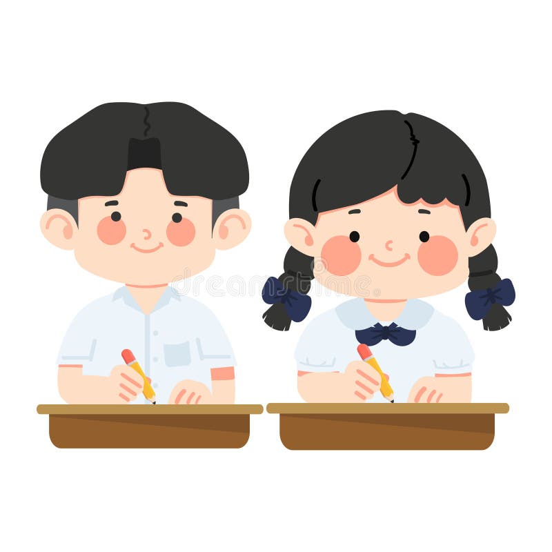 Boy and Girl Sitting and Writing at the Table Stock Illustration ...