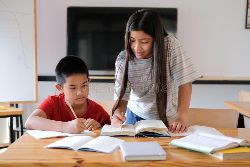 Boy Girl Student Studying Writing Notes Doing Homework. Learning ...