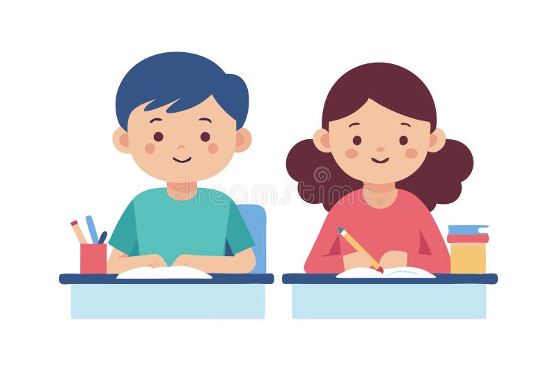 Boy and Girl Studying Together in Classroom Stock Illustration ...