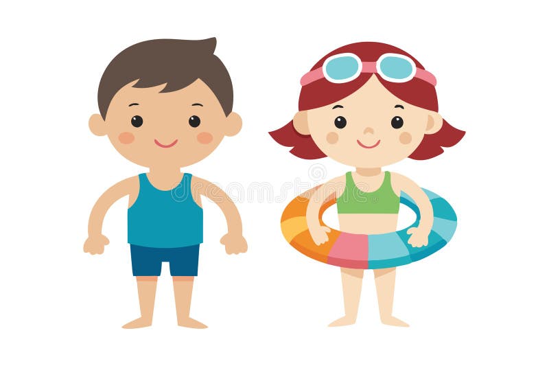 Boy and Girl in Swimwear with Pool Float Stock Vector - Illustration of ...