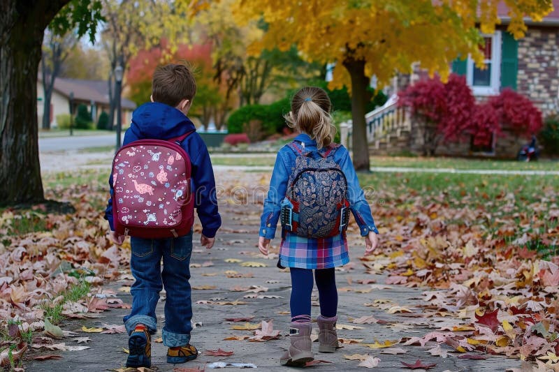 Back To School Stroll through Autumn Leaves Stock Illustration ...