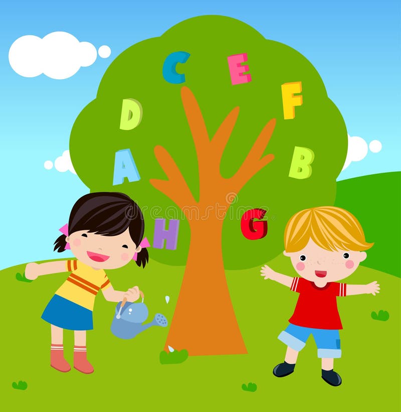 Boy and girl watering tree stock vector. Illustration of flowerpot ...