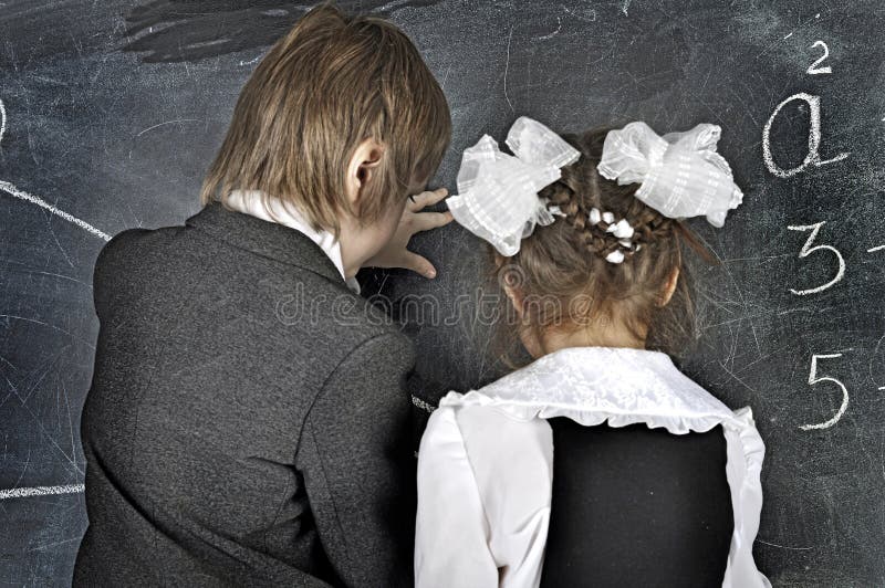 Boy and Girl Writing on Blackboard Stock Image - Image of ...