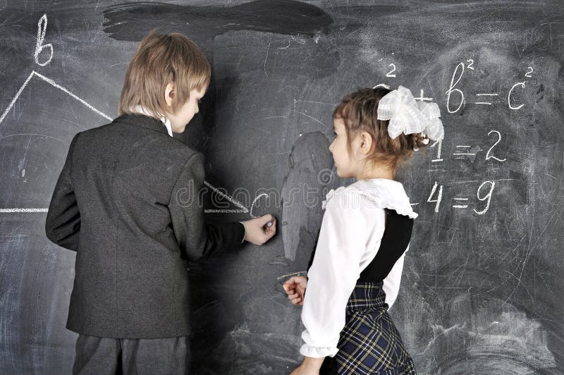 Boy and Girl Writing on Blackboard Stock Image - Image of childhood ...