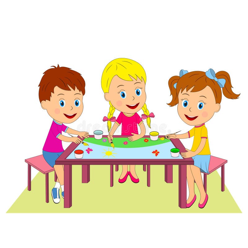 Boy and Girls Draw at the Table Stock Vector - Illustration of ...