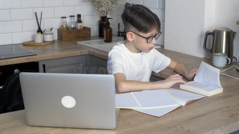 A Boy with Glasses is Doing His Homework. Study Stock Image - Image of ...
