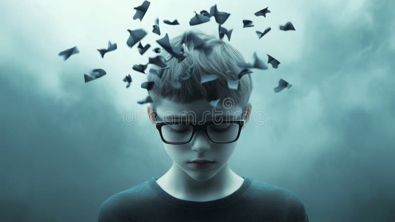 Boy with Glasses Surrounded by Floating Fragments of Thoughts Stock Illustration - Illustration ...
