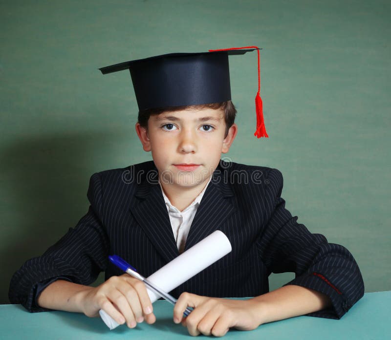 Boy in Graduation Cap Blackboard Background Stock Photo - Image of ...