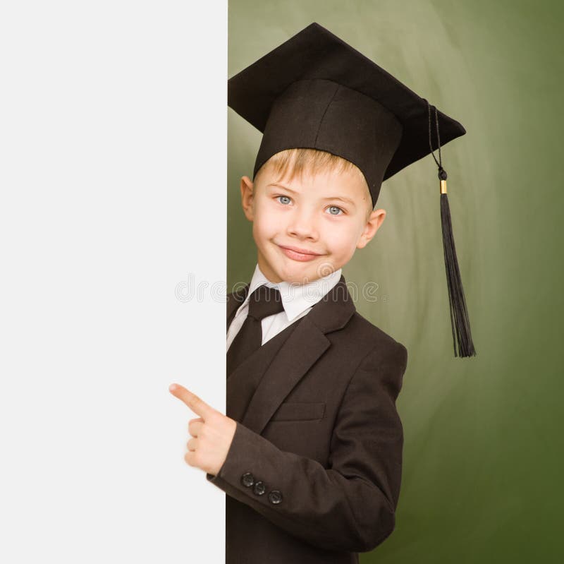 Boy in Graduation Hat Pointing at Blank Placard Stock Photo - Image of ...
