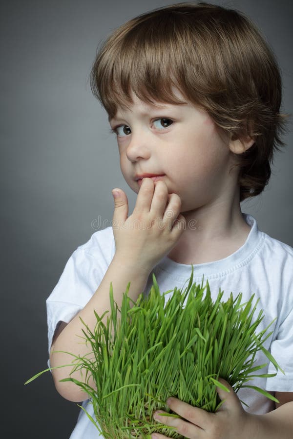 Boy with grass stock image. Image of caucasian, face - 25845497