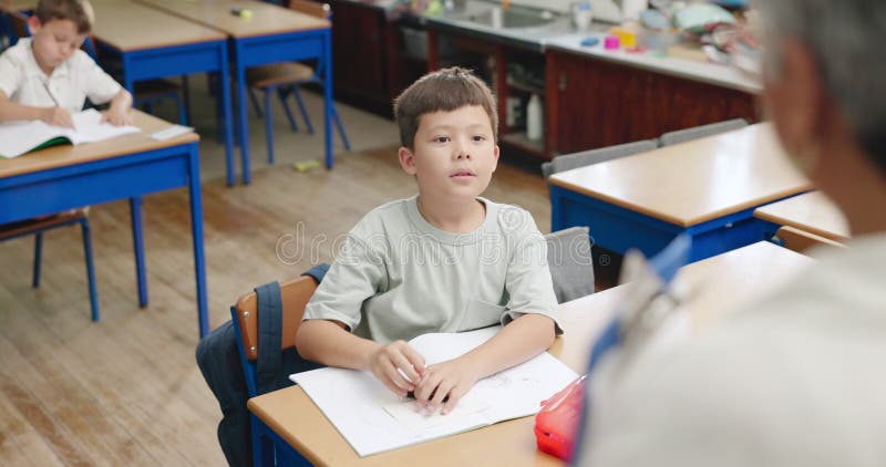 Boy, Hand and Answer or Talking in Classroom, Academic Knowledge and ...