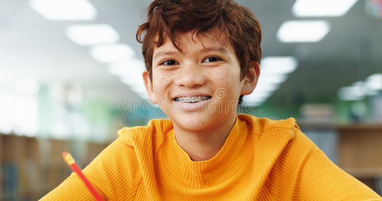 Boy, Happy and Child with Learning at Library with Math, Study or ...