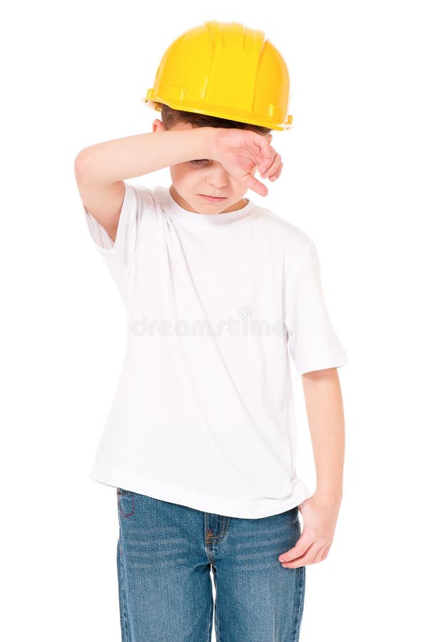 Boy in Hard Hat with Trowel and Brick Isolated Stock Photo - Image of ...