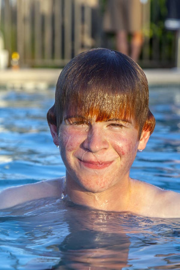 Boy Has Fun in the Outdoor Pool Stock Photo - Image of caucasian, happy ...