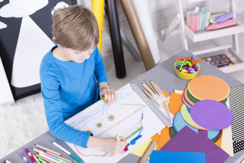 Boy Having Fun with Paper and Colored Pencils Stock Photo - Image of ...
