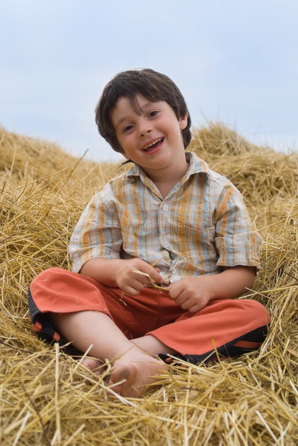 The boy on hay stock photo. Image of child, straw, meadow - 11029300