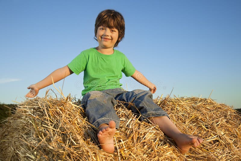 Boy in a Haystack in the Field Stock Image - Image of agriculture ...