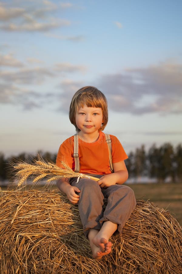 Boy in a Haystack in the Field Stock Image - Image of caucasian ...