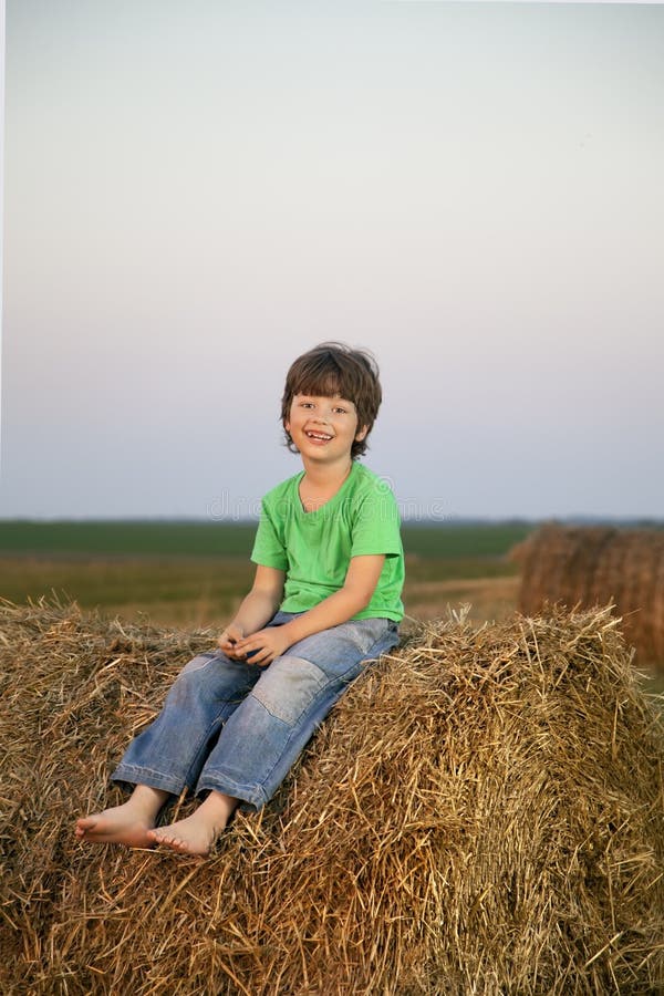 Boy in a Haystack in the Field Stock Photo - Image of environment ...