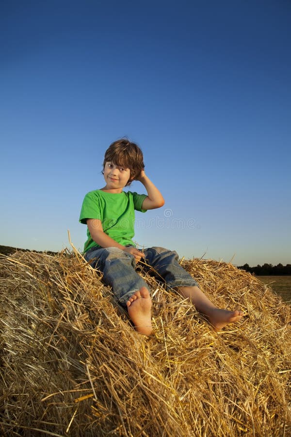 Boy in a Haystack in the Field Stock Photo - Image of happiness, child ...
